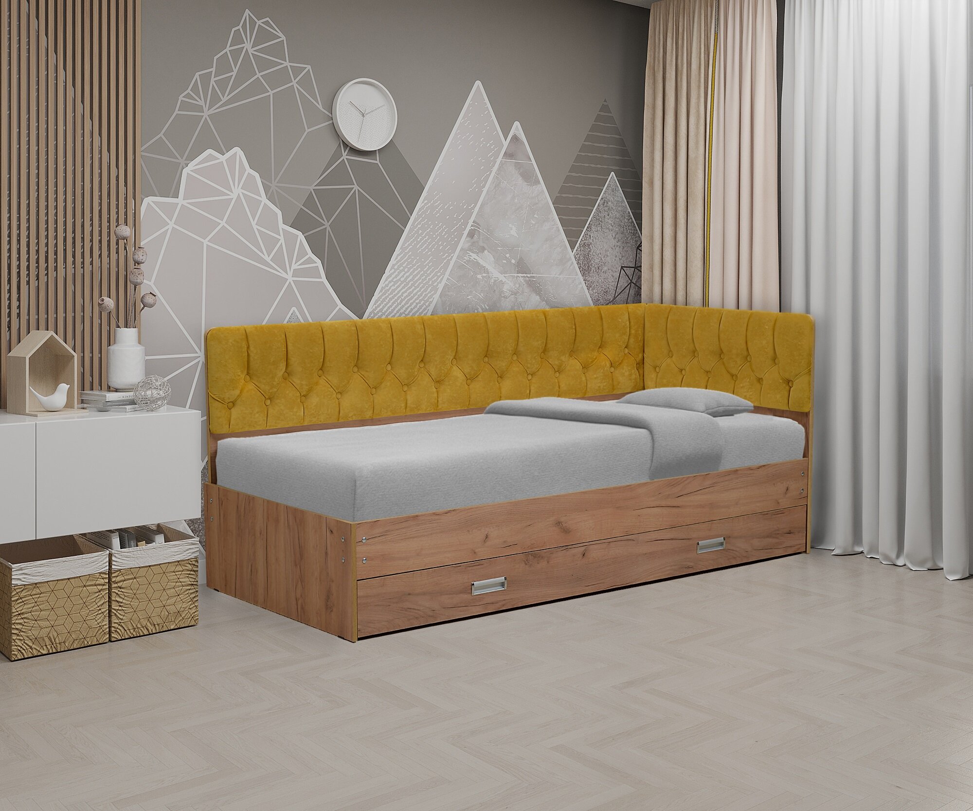 Matrix диван- кровать детская с мягкой спинкой Sofa 16, велюр золотистый 09 , угол правый, 90x200 см.