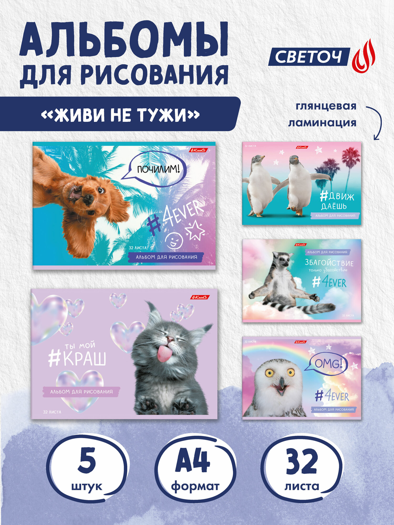 Альбом для рисования Светоч А4 набор ассорти на скобе 32 листа 5 штук Живи не тужи
