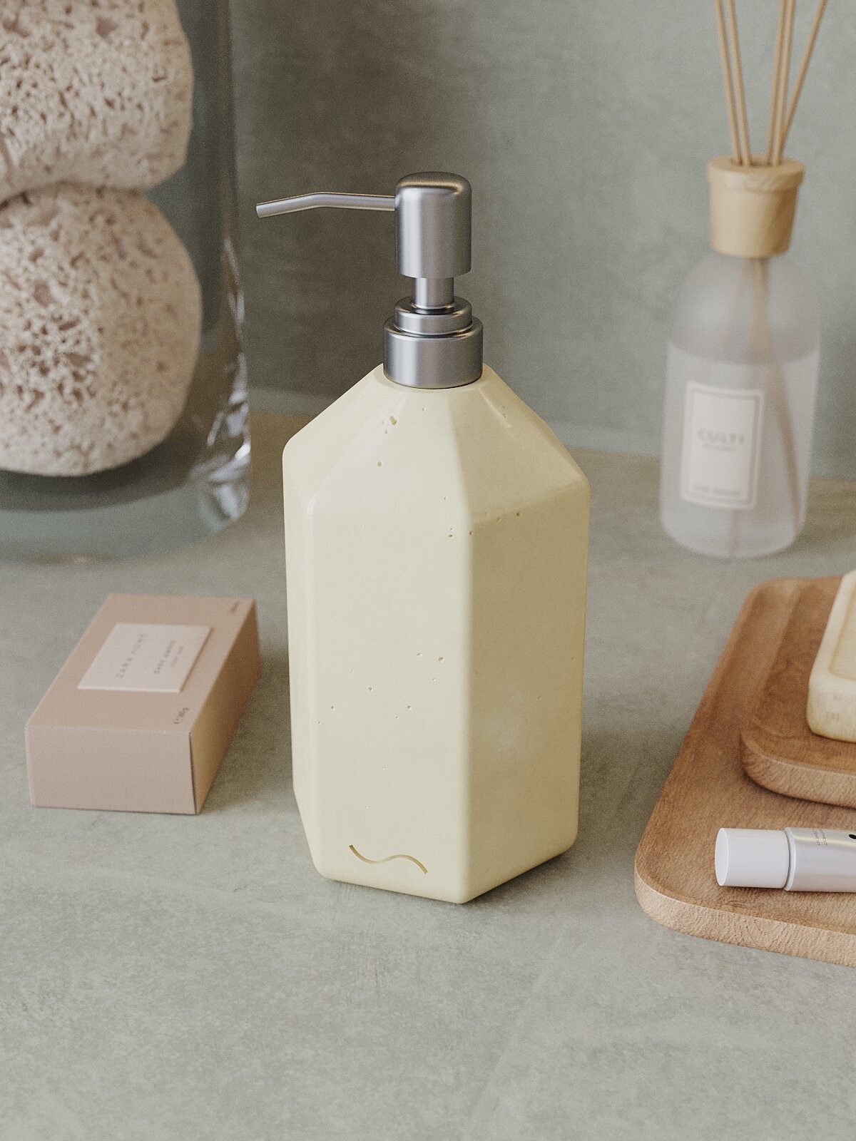 Дозатор для жидкого мыла Sakura, 400 мл, диспенсер для мыла из бетона, кремовый глянцевый