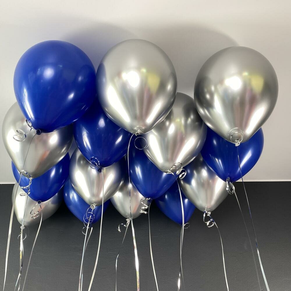 Набор шаров под потолок синие-серебро, шары с гелием, шары на день рождения