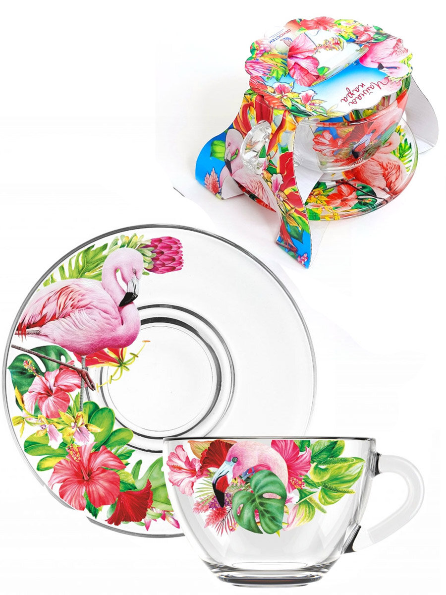 Чайная пара Гусь-хрустальный стеклянная 200 мл, Фламинго в тропиках, подарочная упаковка