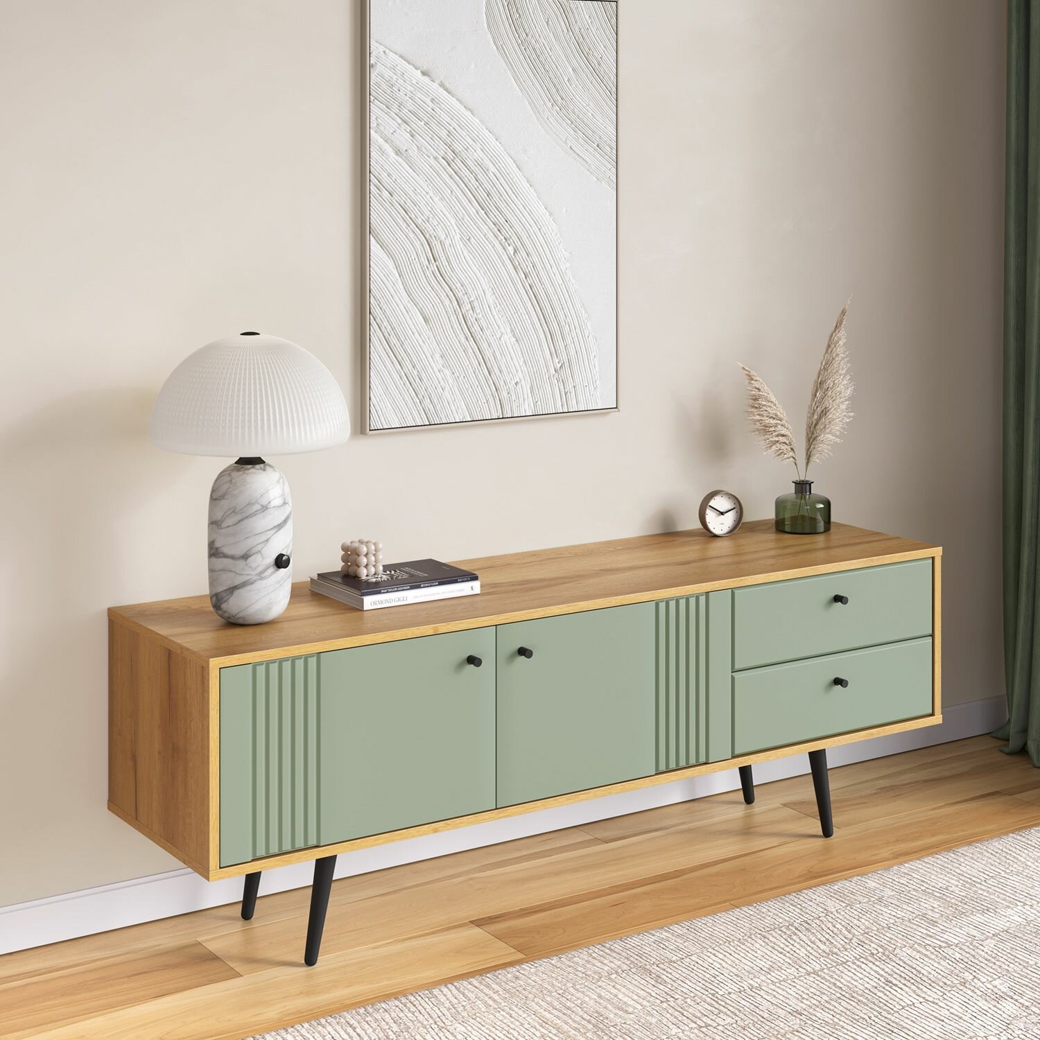 Тумба под ТВ 1500 Дуб золотой Крафт, Серо-зеленый Вега Саксония Кураж