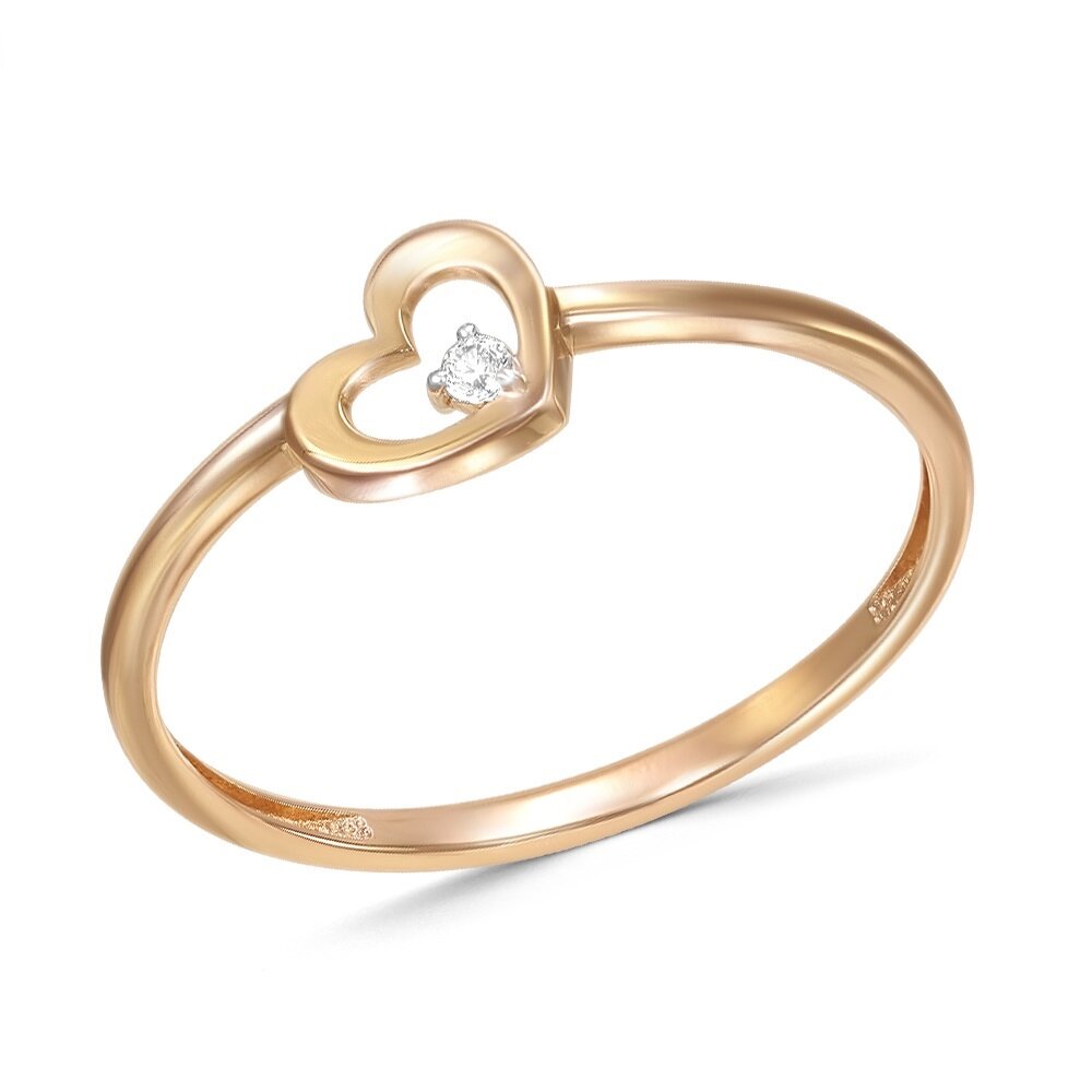 Кольцо тонкое, красное золото, 585 проба, фианит