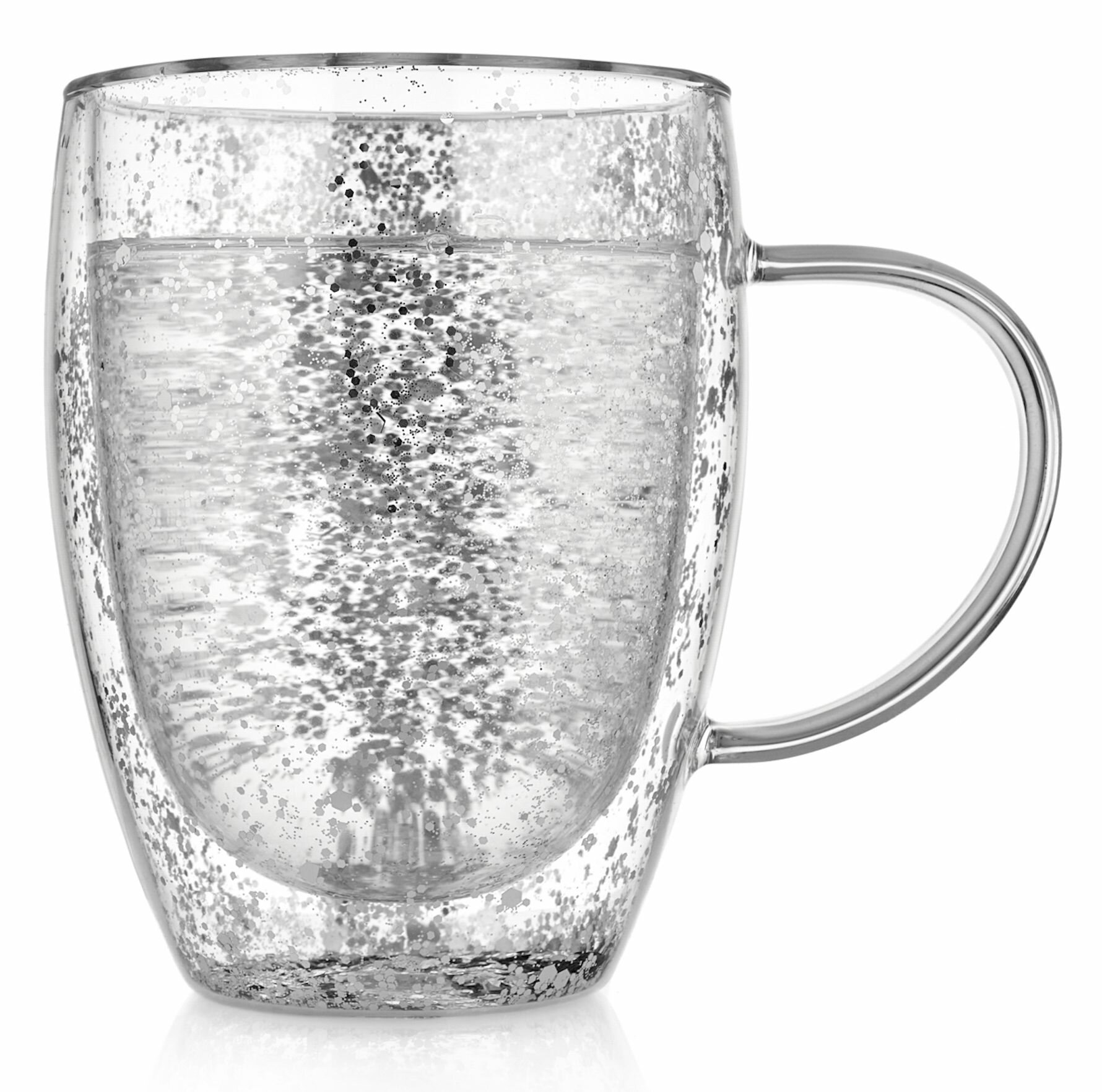 Кружка с двойными стенками для чая и кофе большая с серебрянными блестками, конфетти новогодняя подарочная 350 мл