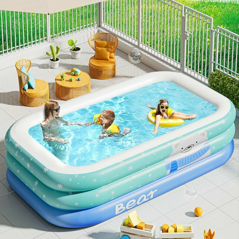 Надувной детский бассейн длиной 2,1 метра с утолщенным дном из экологически чистого ПВХ, с пузырьками воздуха, подходит для использования на улице и в саду, удобен и безопасен для детей.