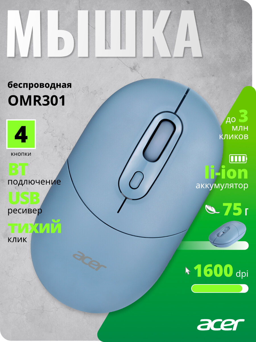 Беспроводная мышь Acer OMR301 синий (1600dpi) Bluetooth/USB (4 кнопки)