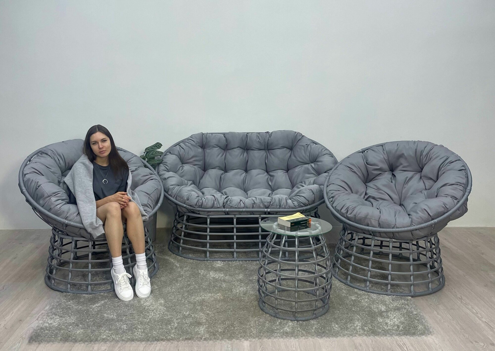 Комплект для отдыха FLATA серый: диван, столик, 2 кресла, 3 подушки (светло-серый, полиэстер)