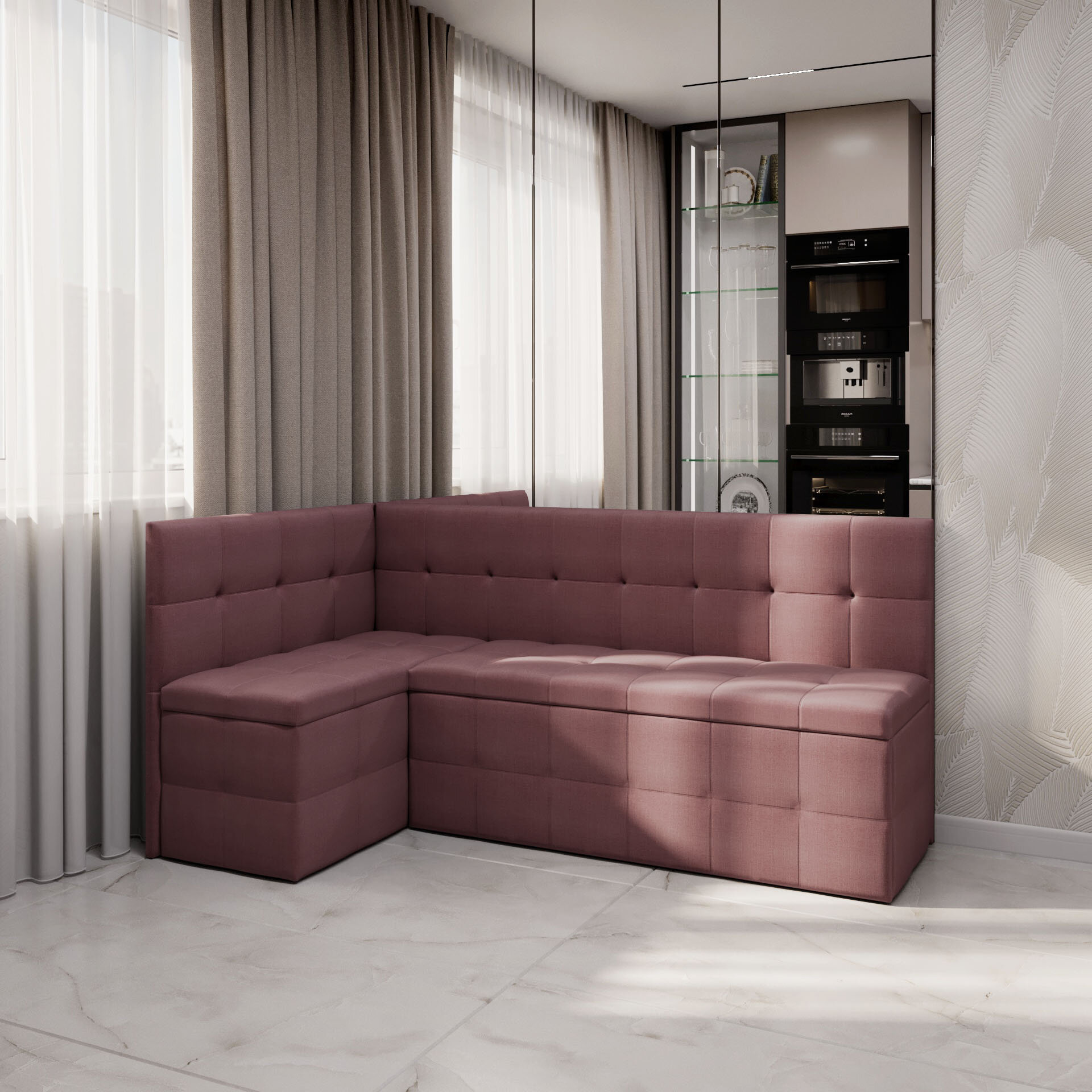 Диван кухонный угловой "Домино" D@E Factory со спальным местом, рогожка Саванна плюс димроуз, угол универсальный