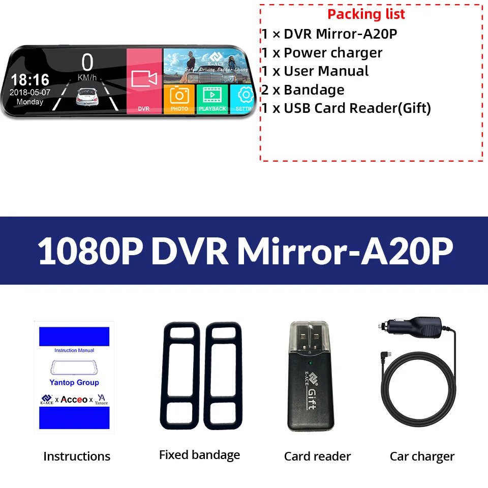 E-ACE 10-дюймовый автомобильный видеорегистратор с зеркалом, видеорегистратор 1080P, сенсорный экран, видеорегистратор для автомобиля, объектив AHD, потоковое видеорегистратор для вождения, видеорегистратор No Rear Camera, 64 г