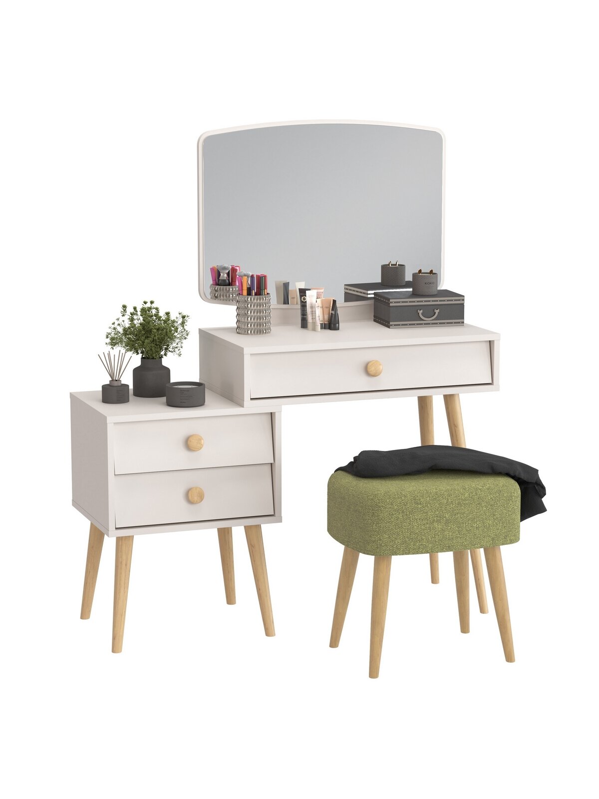 Трюмо для спальни Афина с прямоугольной банкеткой Полли, кашемир серый/ткань зелёная, 105х38,6х129 + 44х34х45 см.