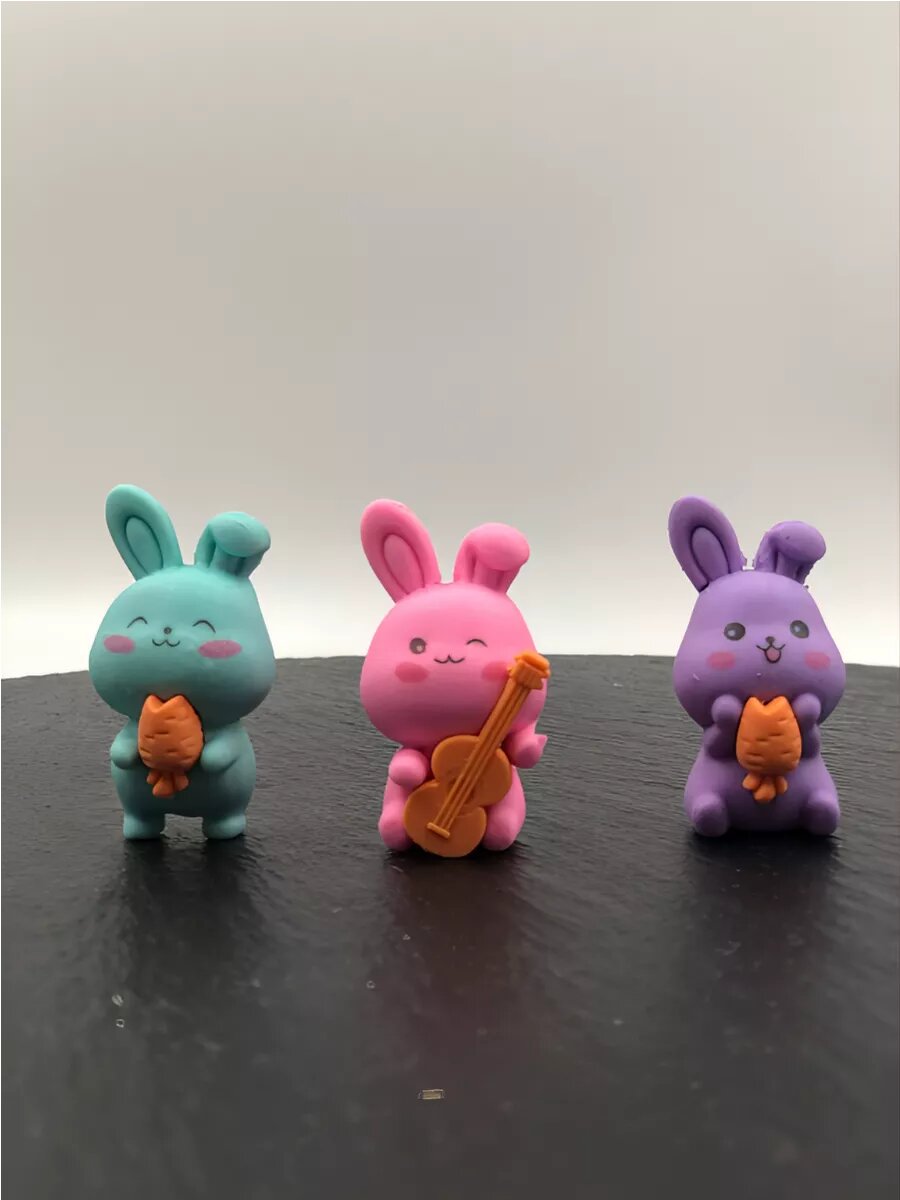 Набор из 3 фигурных ластиков "Зайчики", для школы и творчества,