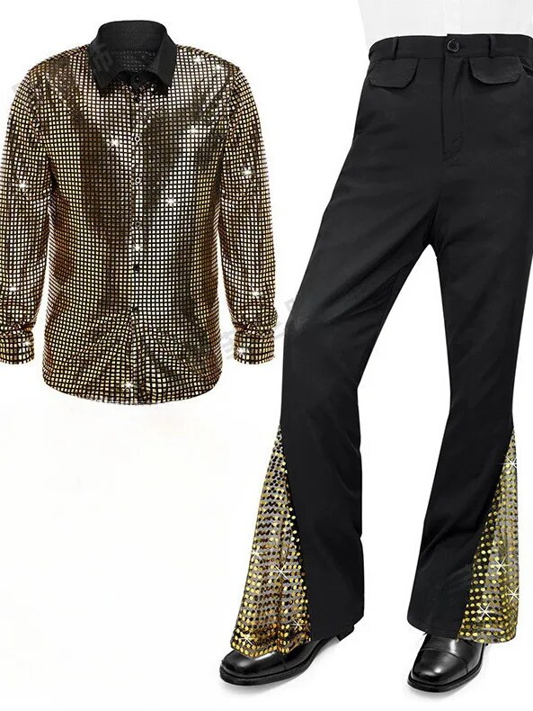 Мужской хиппи костюм 60-70 годов М, Golden Shirt Pants