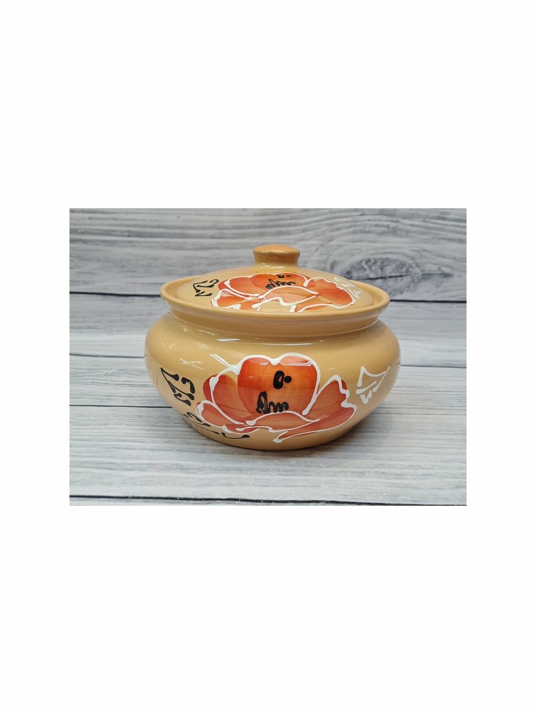 Пельменница большая "Мак бежевый", с крышкой, керамика, объем 1.8 л, диаметр 20.8 см, высота 15 см