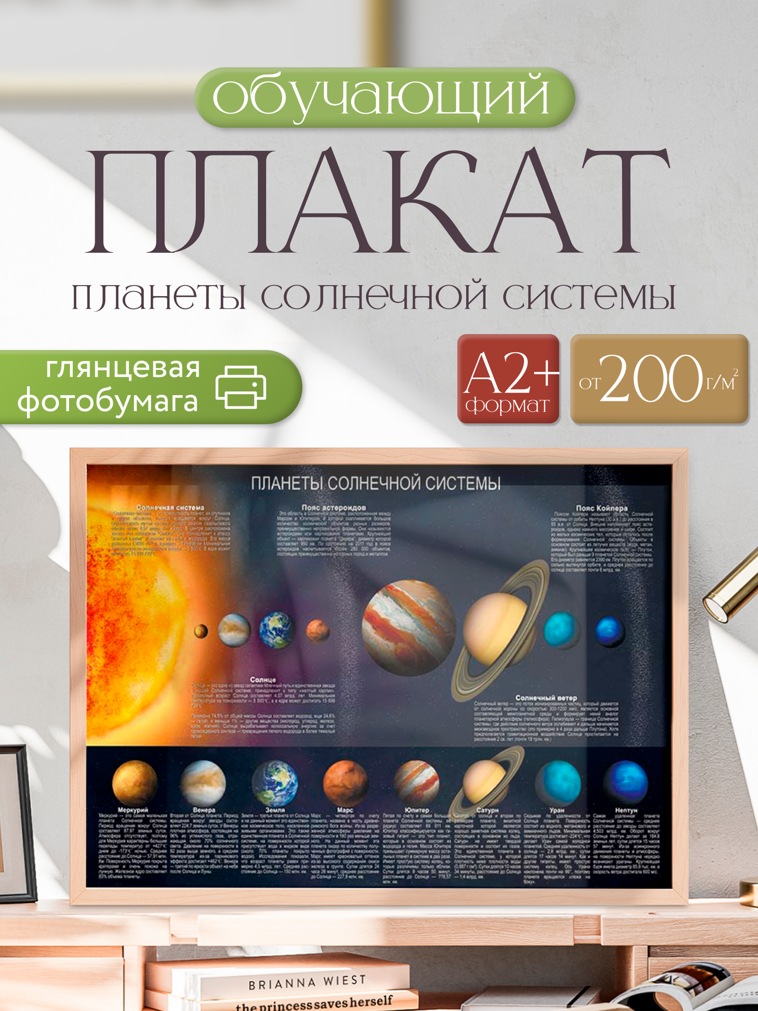Планеты солнечной системы развивающий (для обучения) плакат, глянцевая фотобумага от 200 г/м2, размер A2+