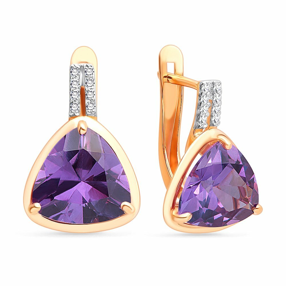Серьги 585GOLD, красное золото, 585 проба, родирование, фианит, александрит синтетический