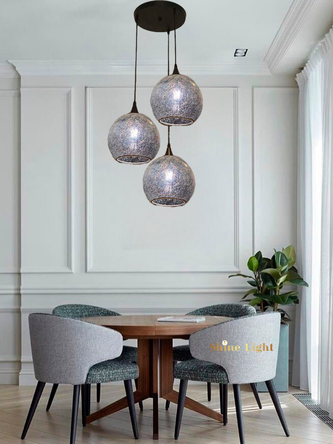 Люстра 3 серебристых лампы (подвесной светильник) битое стекло E27