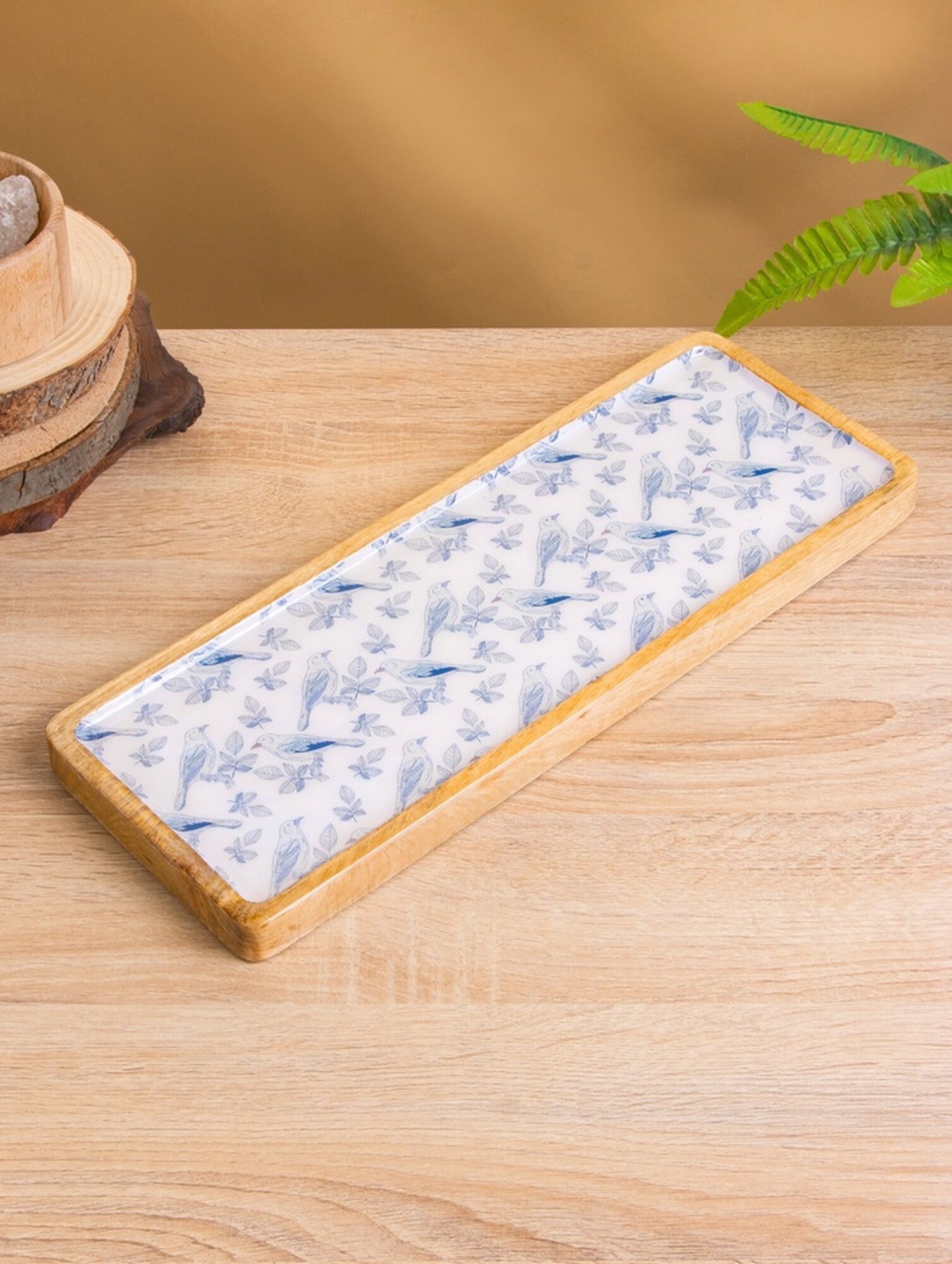 Блюдо Сима-ленд «Синие птицы», дерево манго, прямоугольное, 41 см × 15 см