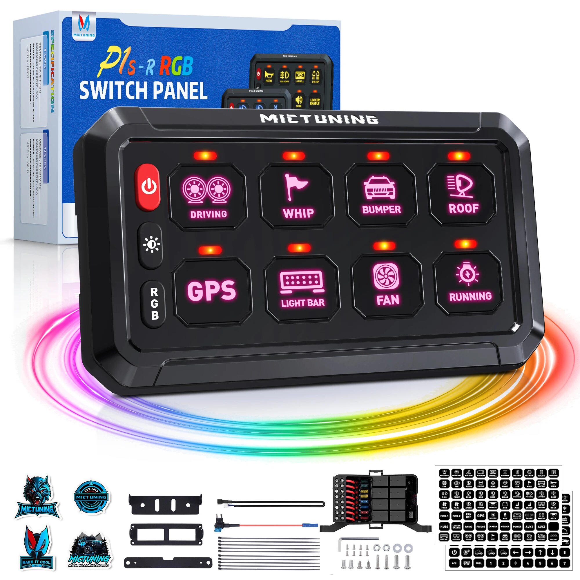 MICTUNING P1S-R 6/8-панель переключателей RGB цвета, регулируемый переключатель яркости, система реле управления мгновенной цепи для внедорожника