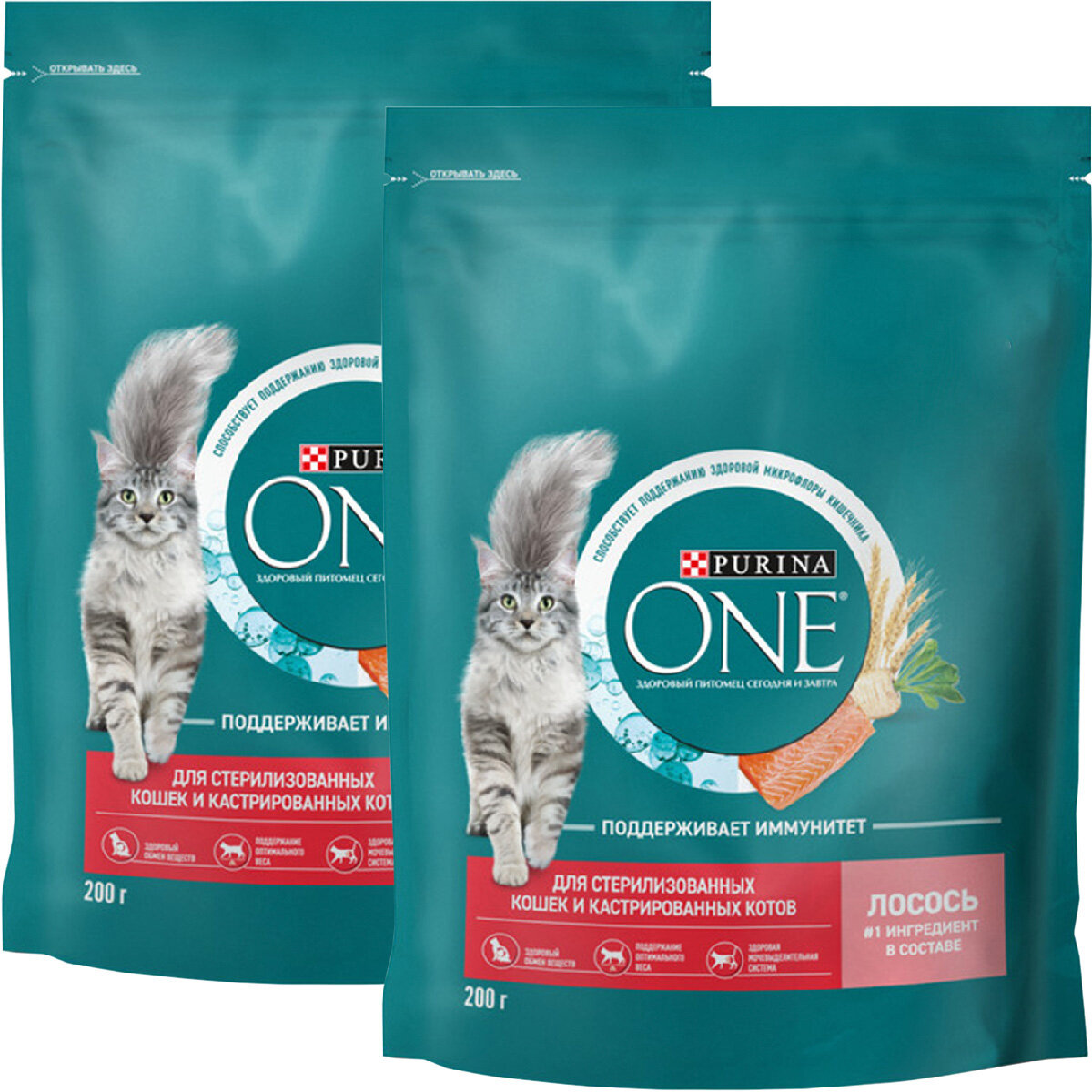 PURINA ONE для взрослых кастрированных котов и стерилизованных кошек с лососем и пшеницей (0,2 + 0,2 кг)