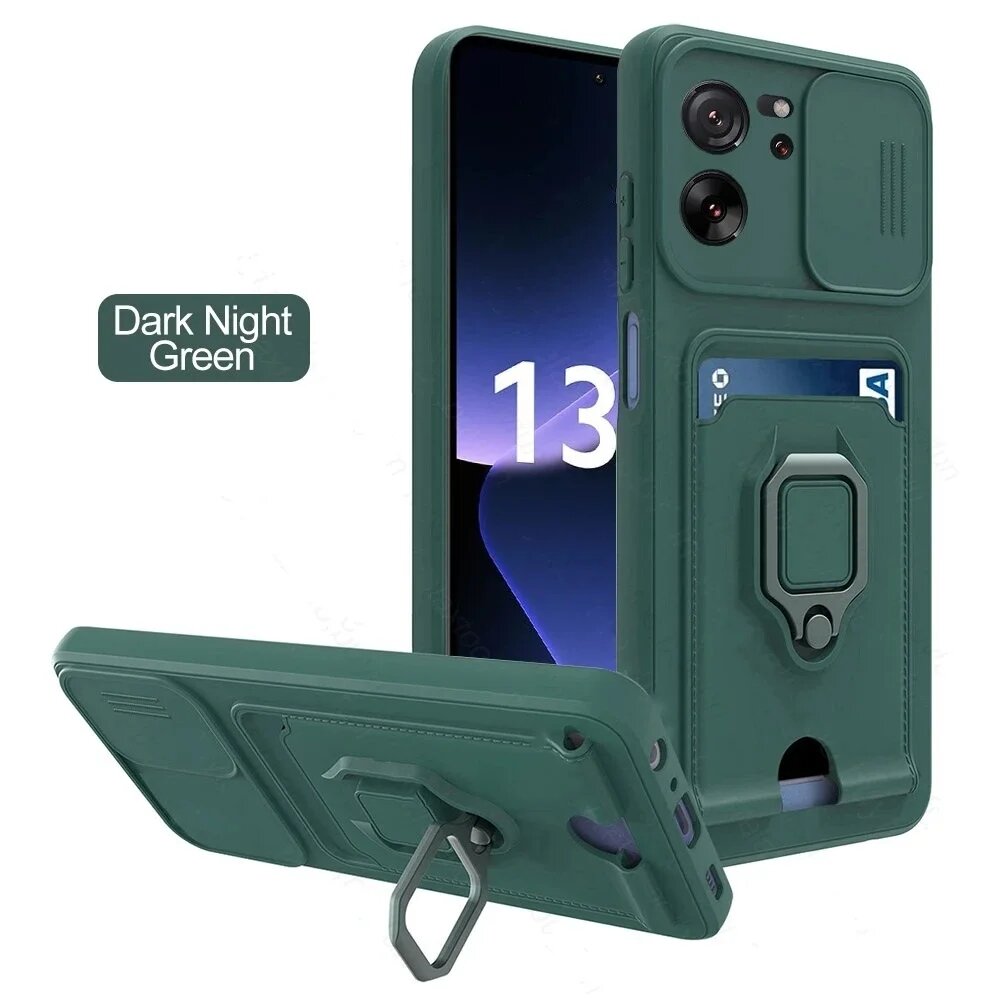 Чехол для Xiaomi 13T/14T Dark Green с кольцом и слайдером