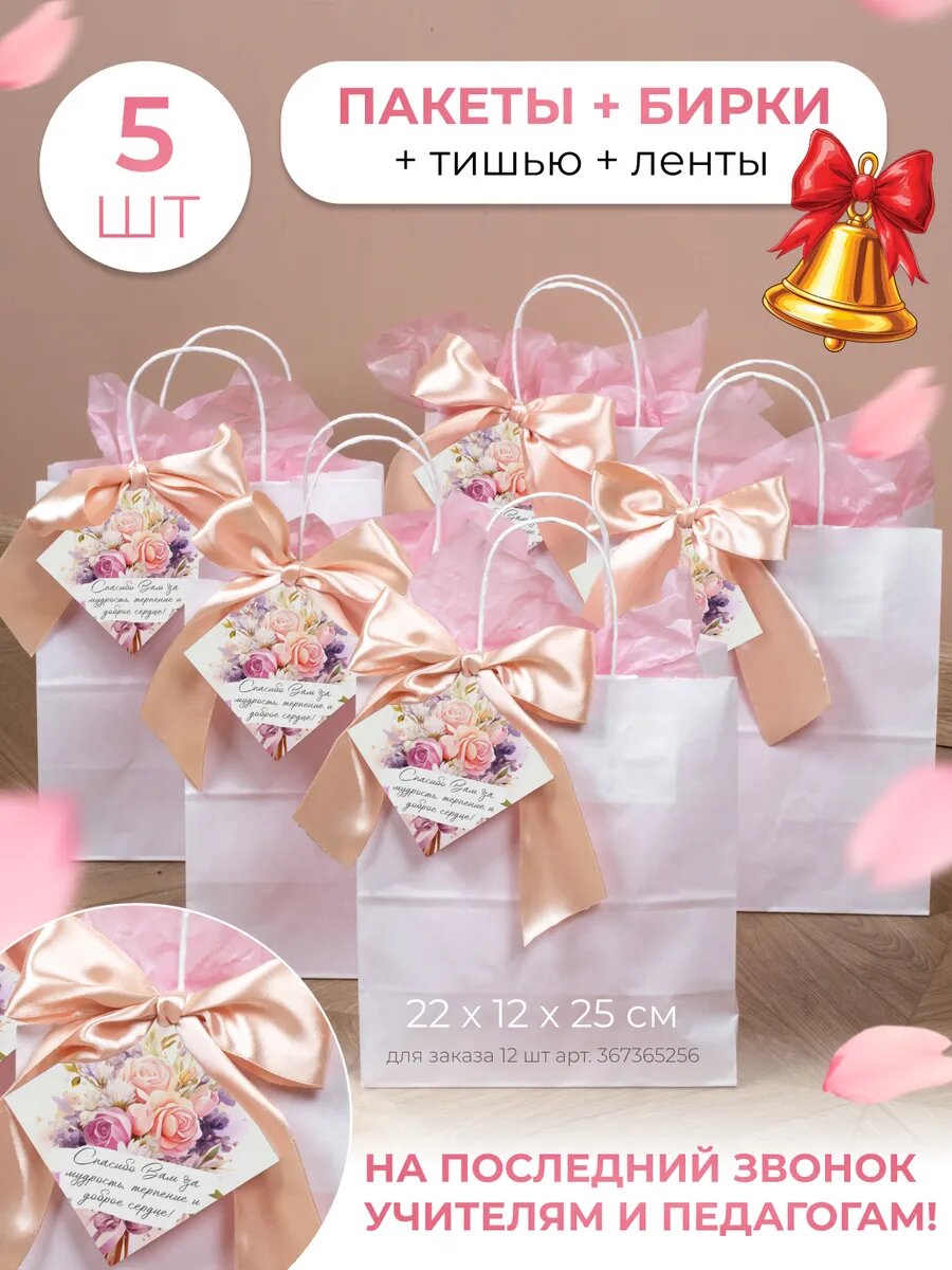 Подарочные пакеты бумажные с бантом, тишью и биркой набор 5 шт.