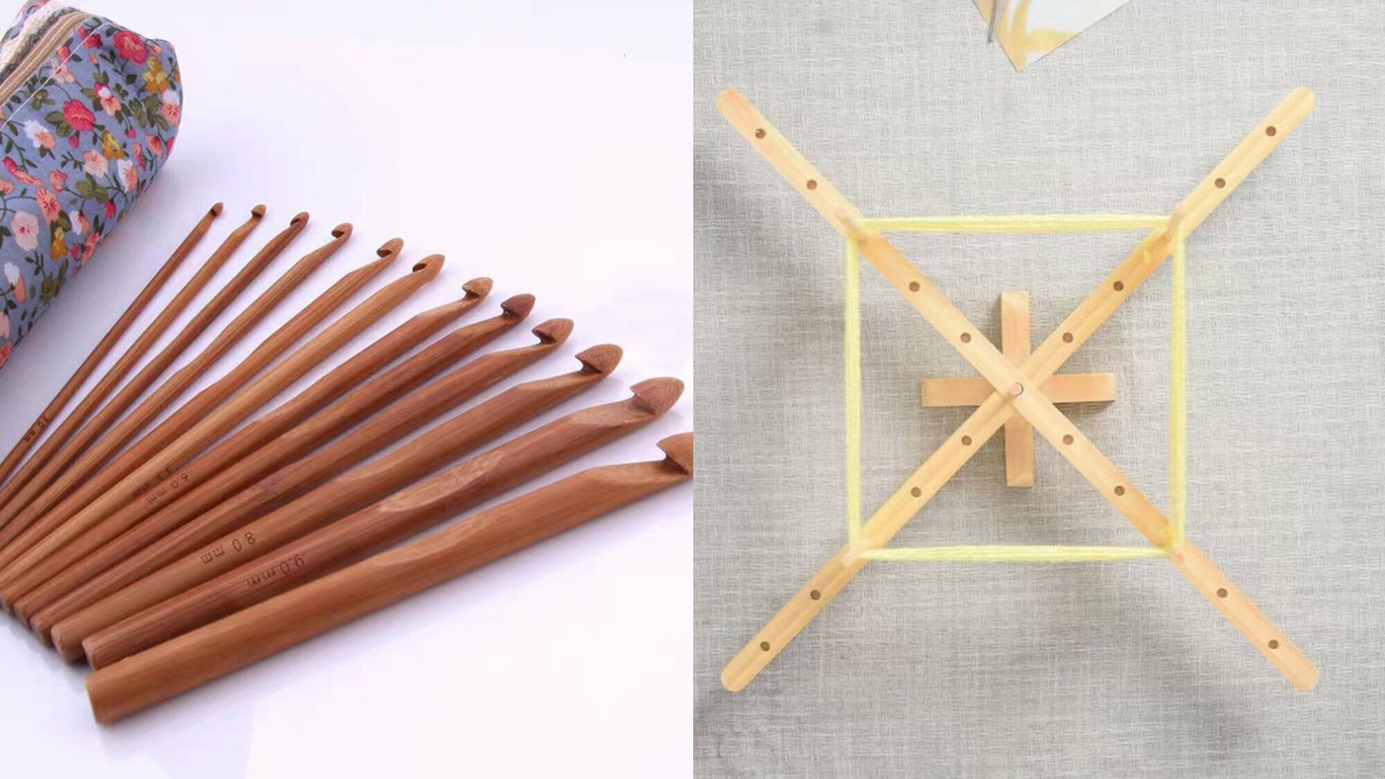 Набор из 2 предметов для вязания крючком из дерева ручной работы + деревянная намоточная рамка, цвет дерева