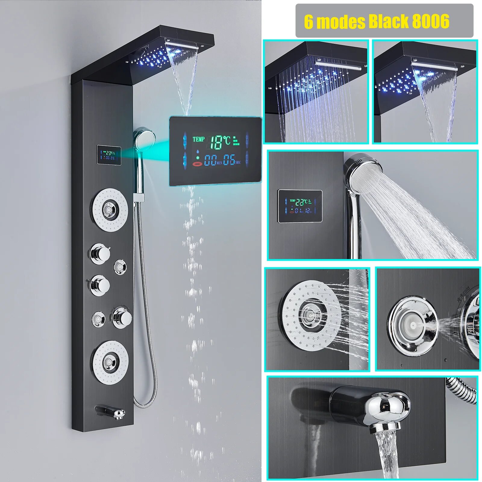 Матовый никель, нержавеющая сталь, 6 функций, водопад, дождевая душевая панель с массажной системой, излив для ванны и ручной душевой колонкой