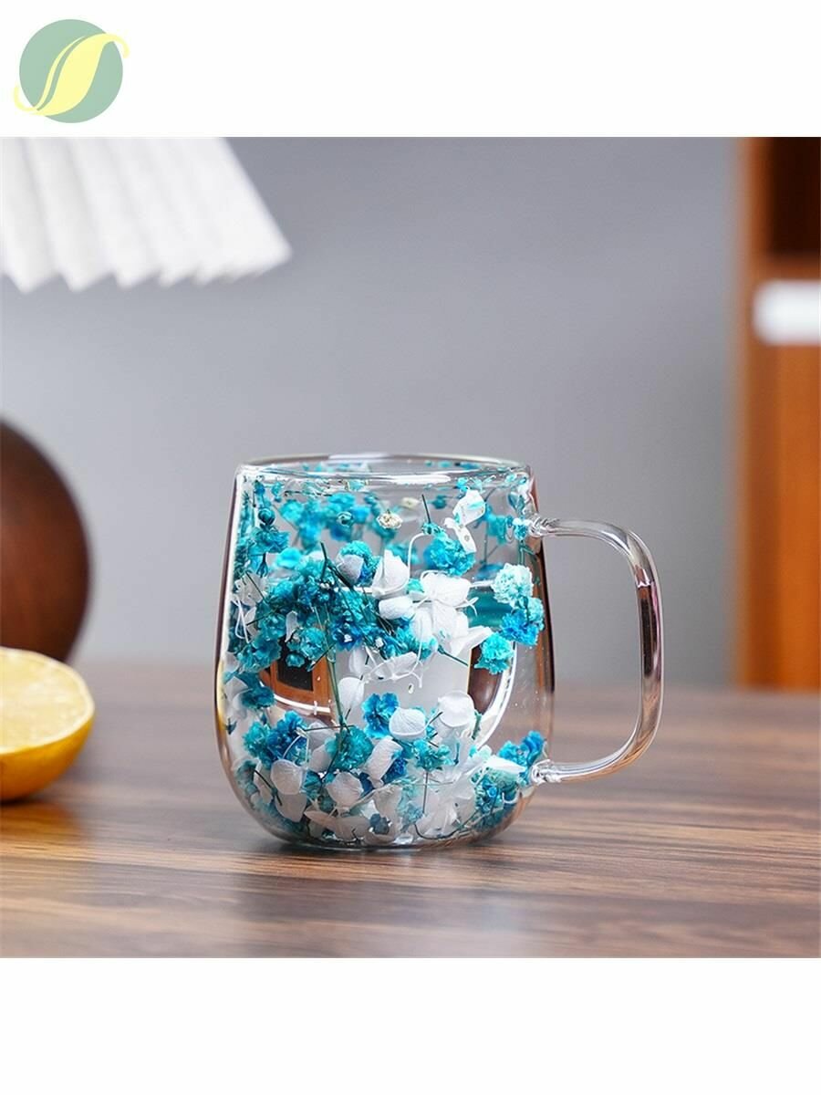 Кружка с двойными стенками из сухих цветов,1, синий