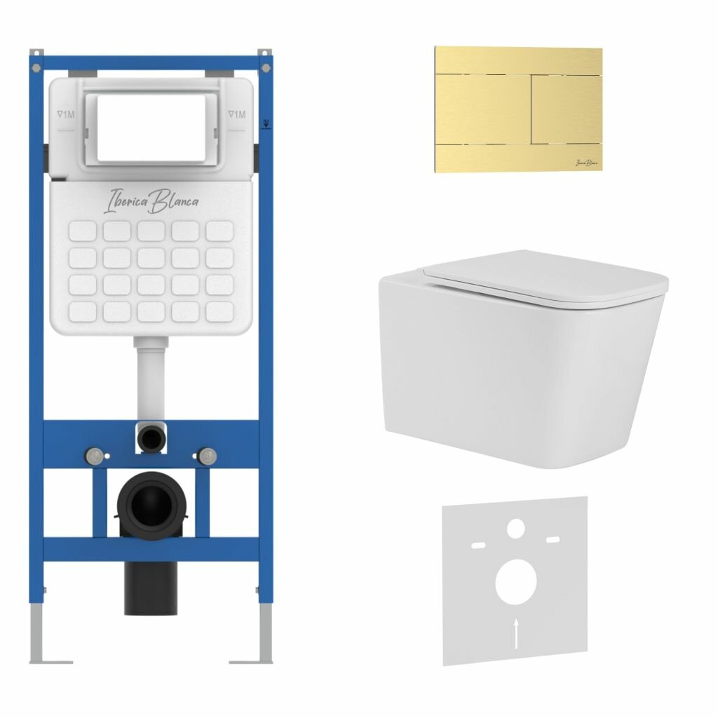 Инсталляция с унитазом комплект 6 в 1, унитаз TORNADO безободковый белый TOLEDO ALTO (IB. TLA.234.1B1), клавиша смыва золото матовое, нержавеющая сталь INOX-R (IB. B015.03)