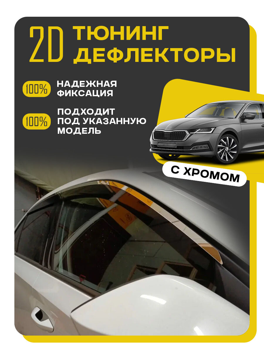 Плоские тюнинг дефлекторы с хромом Skoda Octavia A8 (19-н. в.) лифтбэк / Ветровики для Шкода Октавия А8. Комплект 4 шт.