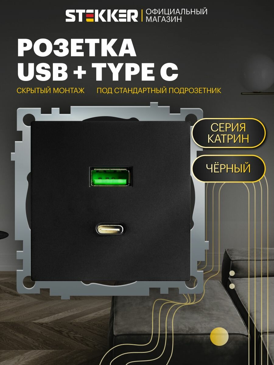 Розетка двойная встраиваемая / Розетка USB + Type C (механизм), черный, Катрин Stekker GLS10-7116-05 50055