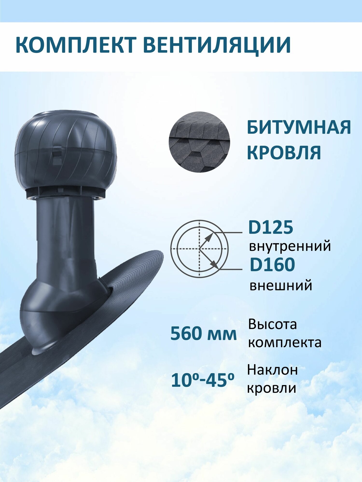 Готовый комплект изолированный: для битумной кровли, 125/160 мм, RAL7024, Gervent, серия Static (колпак)