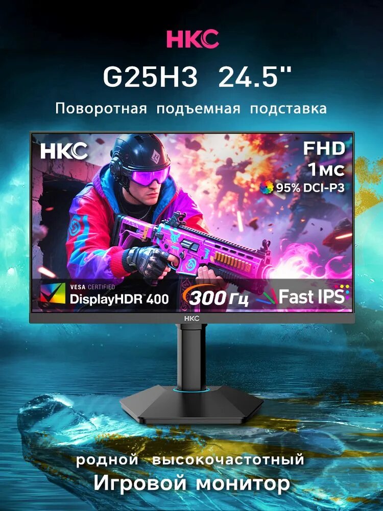 HKC 24.5" Монитор G25H3, 300Гц, FHD, игровой монитор, Fast-IPS, HDR400, Free-sync Эргономичный монитор, черный