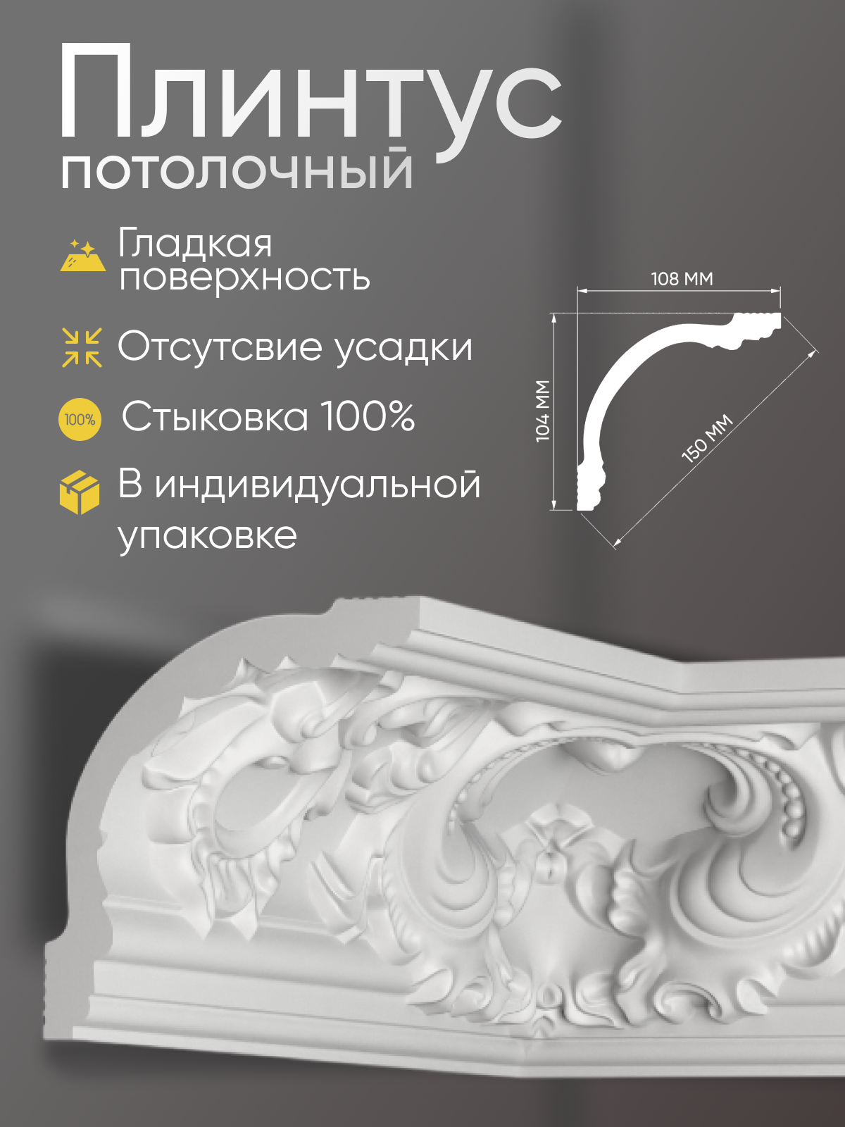 Плинтус потолочный 12 шт GLANZEPOL 200 см пенополистирол, белый GP20