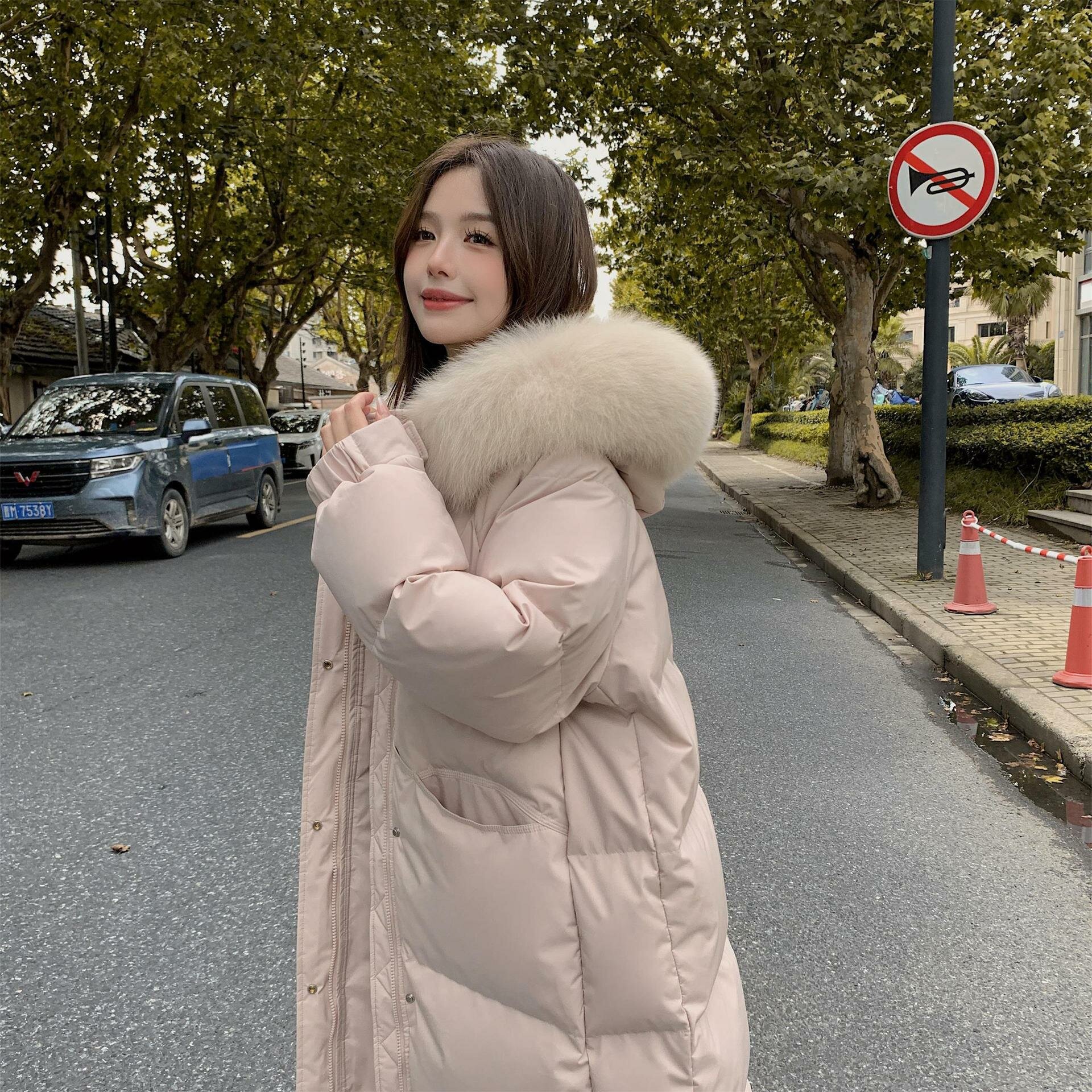 Новая женская зимняя куртка-пуховик с большим меховым воротником, свободная, средней длины, выше колена