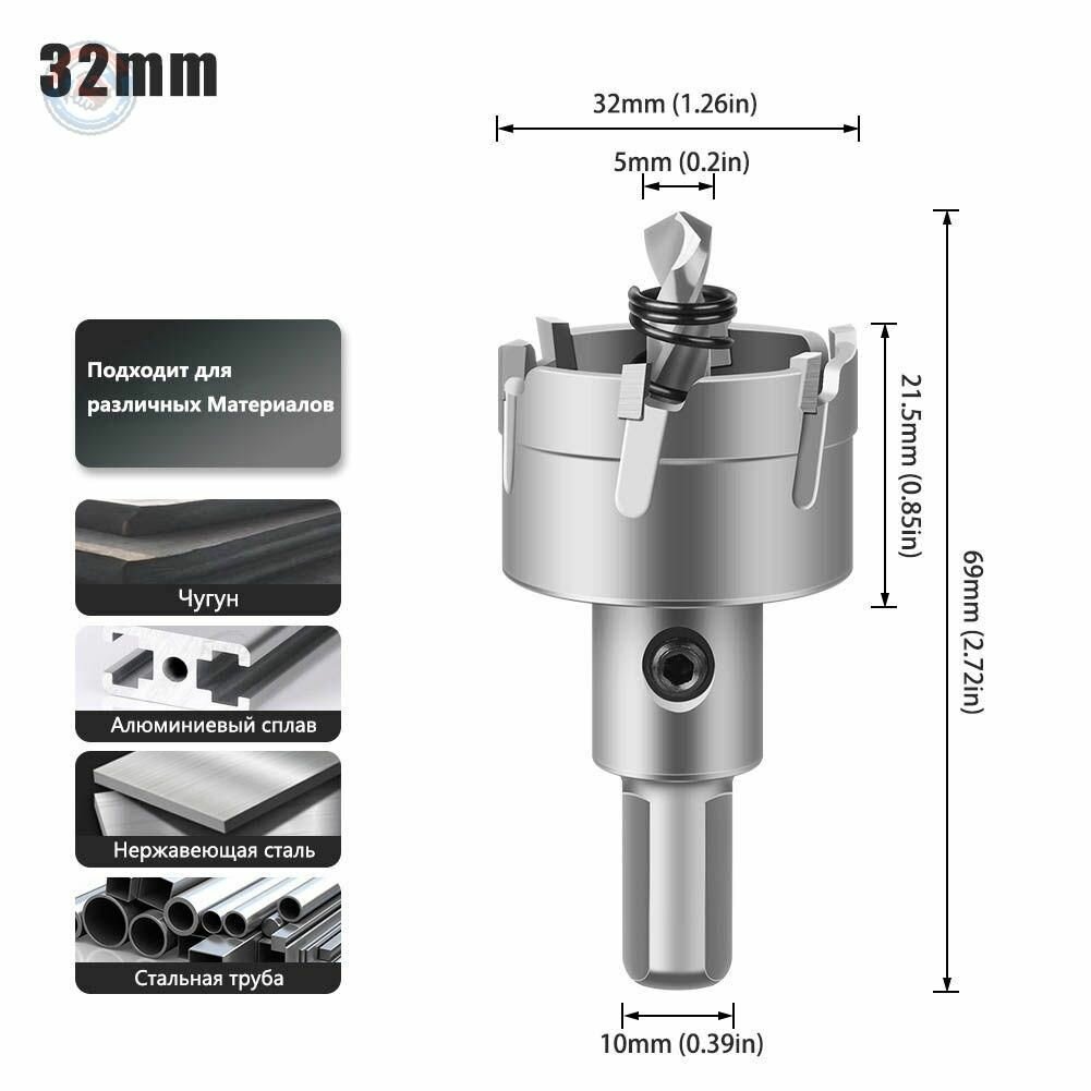 Коронка по металлу 32 мм твердосплавная с центрирующим сверлом для точного сверления отверстий в стали алюминии дереве и гипсокартоне