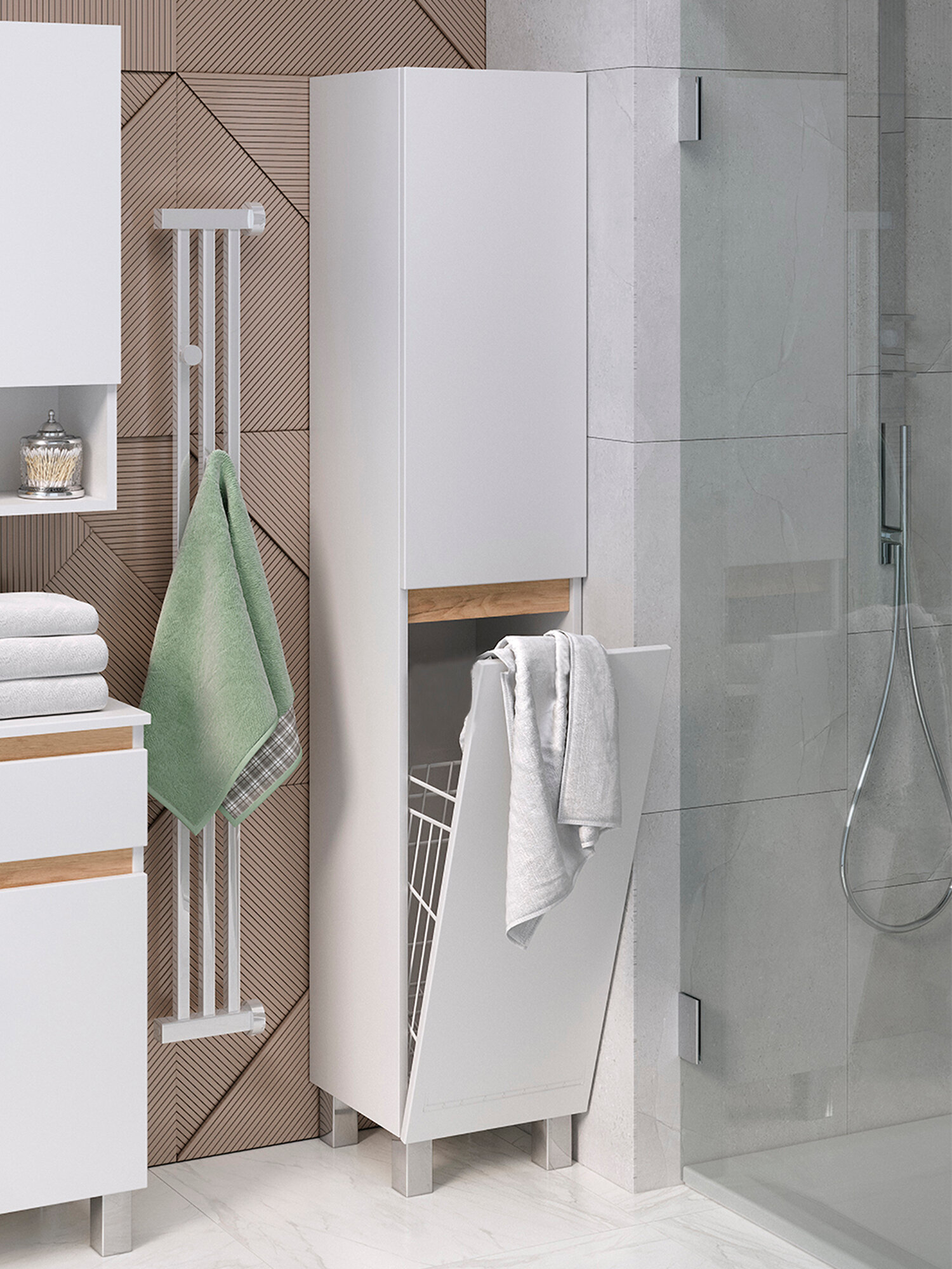 Шкаф пенал напольный SYDNEY 35 левый, с корзиной для белья / AQUA DE MARCO