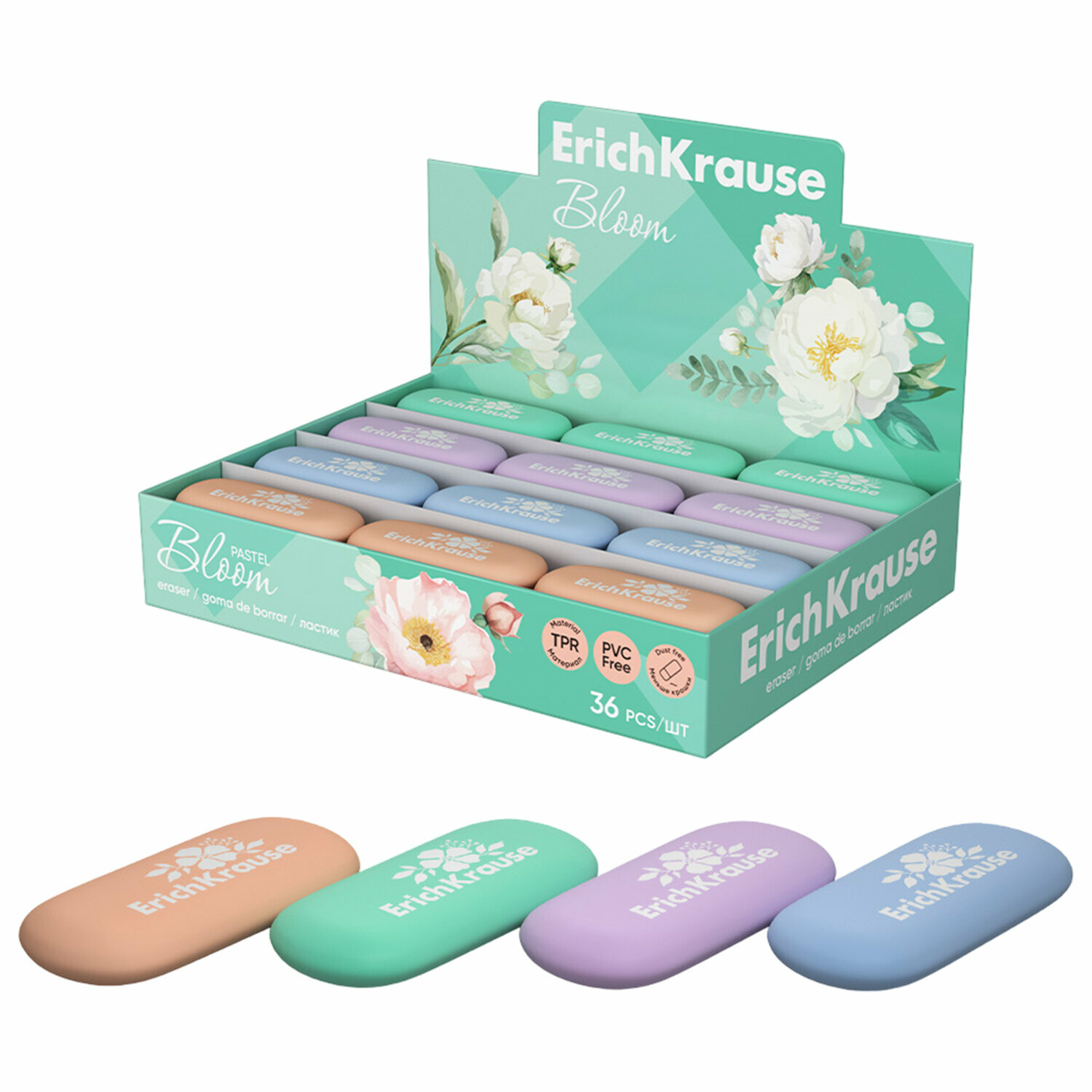 Ластик ERICH KRAUSE "Pastel Bloom", 54х24х10,3 мм, овальный, ассорти, 60772 (упаковка 36 шт.)