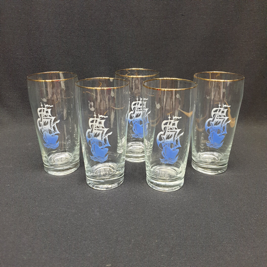 Набор из 5 стаканов, стекло деколь позолота высота 14.5 см, 400 мл, винтаж СССР