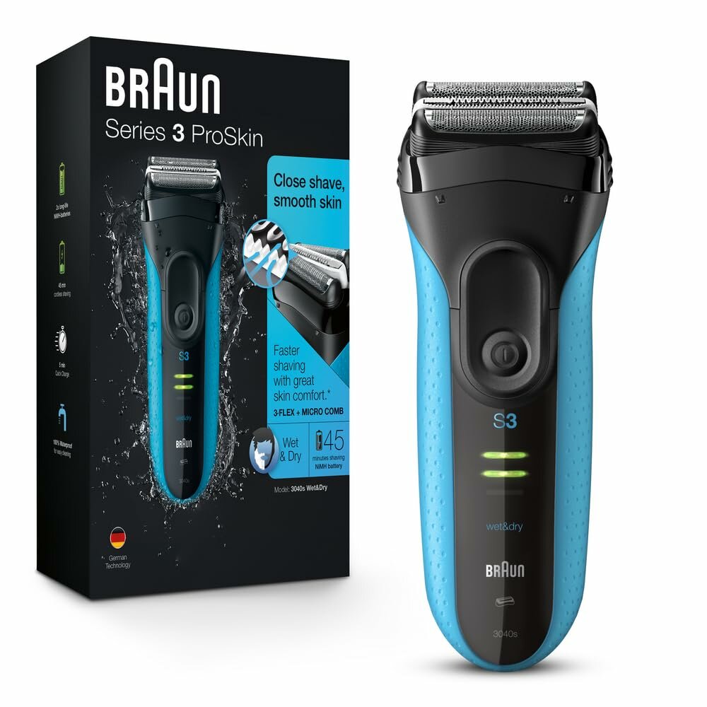 BRAUN SERIES 3 310S PROSKINНемецкая мужская электробритва, водонепроницаемая, для сухого и влажного бритья, с тремя лезвиями.
