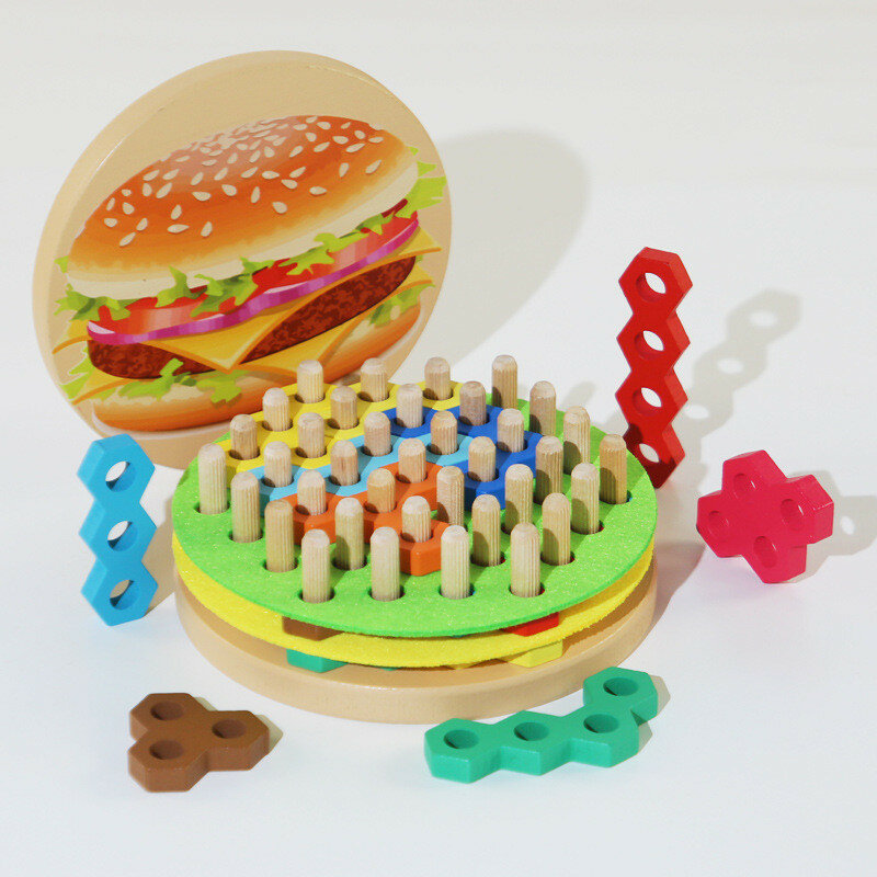 Wooden brain training puzzle for children cognitive skills hamburg hotdog stacking toy