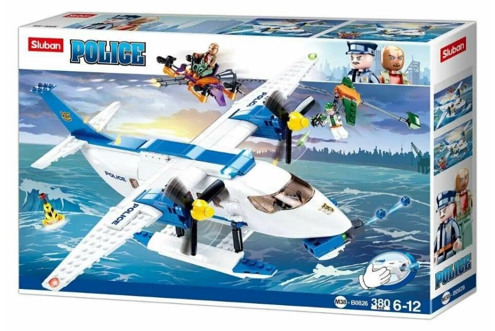 Конструктор SLUBAN Полиция M38-B0826 Нападение на полицейский гидросамолёт (380дет, 3фиг, 34см)