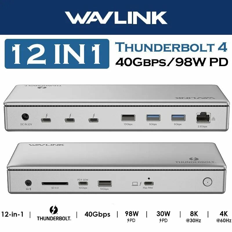 WAVLINK Док-станция Thunderbolt 4 12 В 1 40 Гбит / с, с питанием 98 Вт, для зарядки ноутбука, дисплей 8 Кбит / с при 30 Гц, Слот для SD-карт USB3.1, 10 Гбит / с для MacBook Pro / Air
