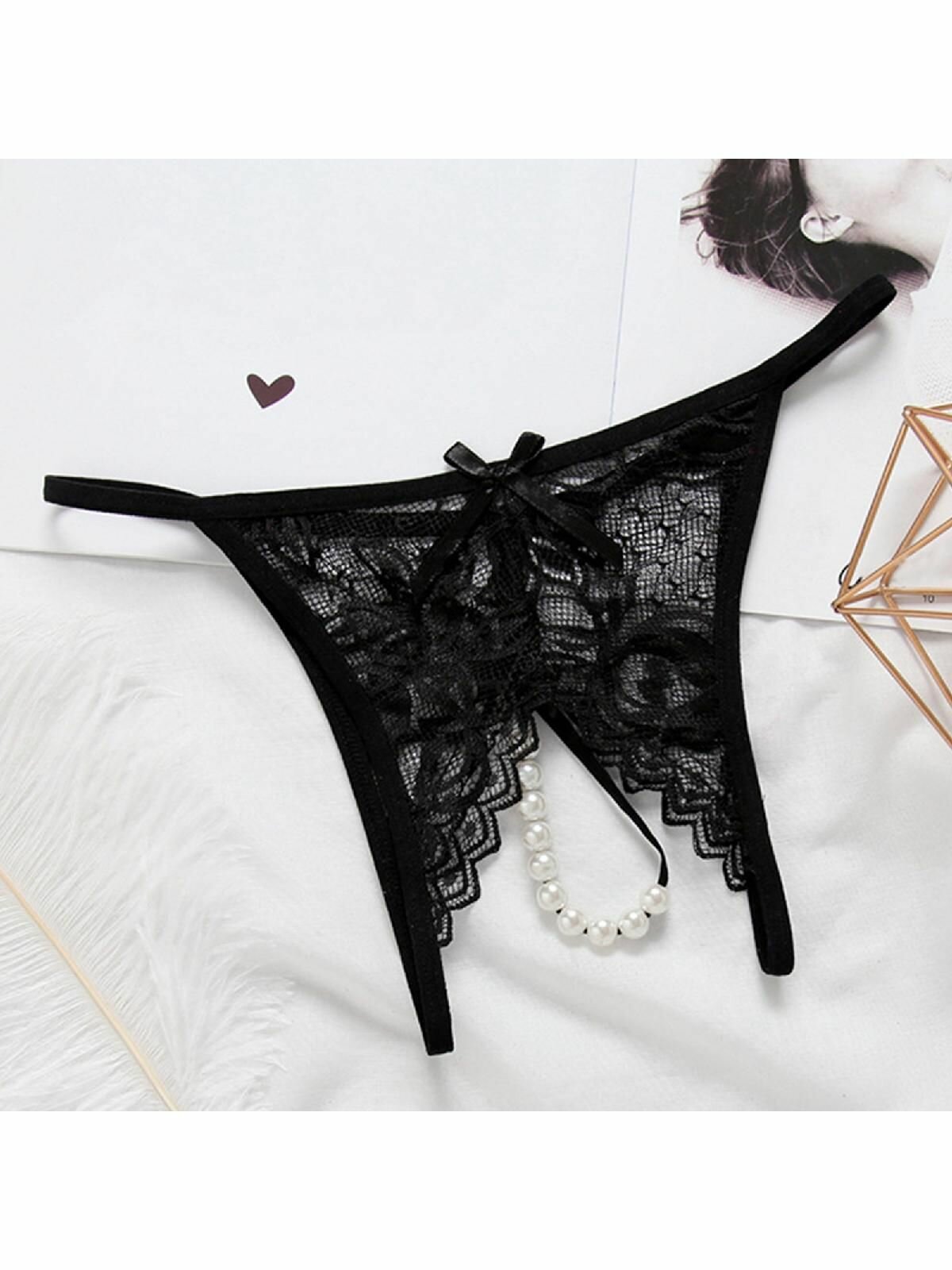 Женские стринги с жемчугом, Черный - Один размер