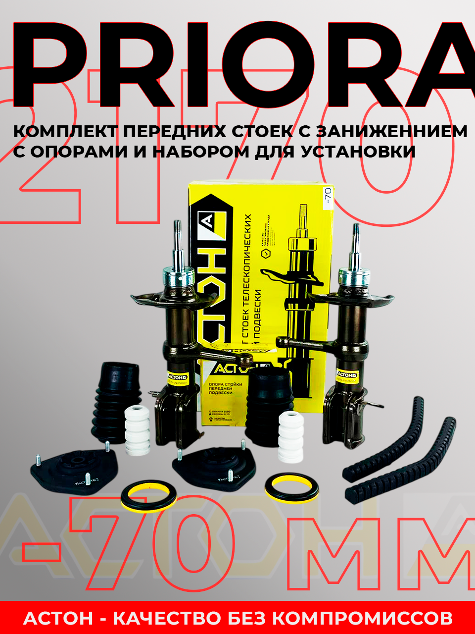 Комплект передних стоек астон с занижением -70мм для Лада Приора, 2 шт, масляные с опорами и набором для установки
