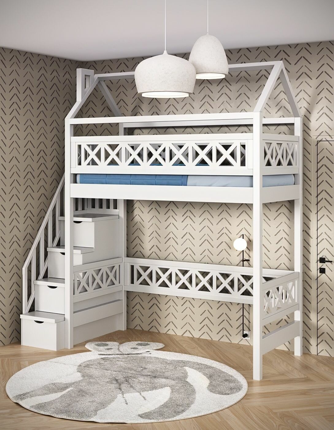 Кровать-чердак Прованс Домик №2, спальное место 90х200 см, с лестницей-комодом, цвет: Белая эмаль.