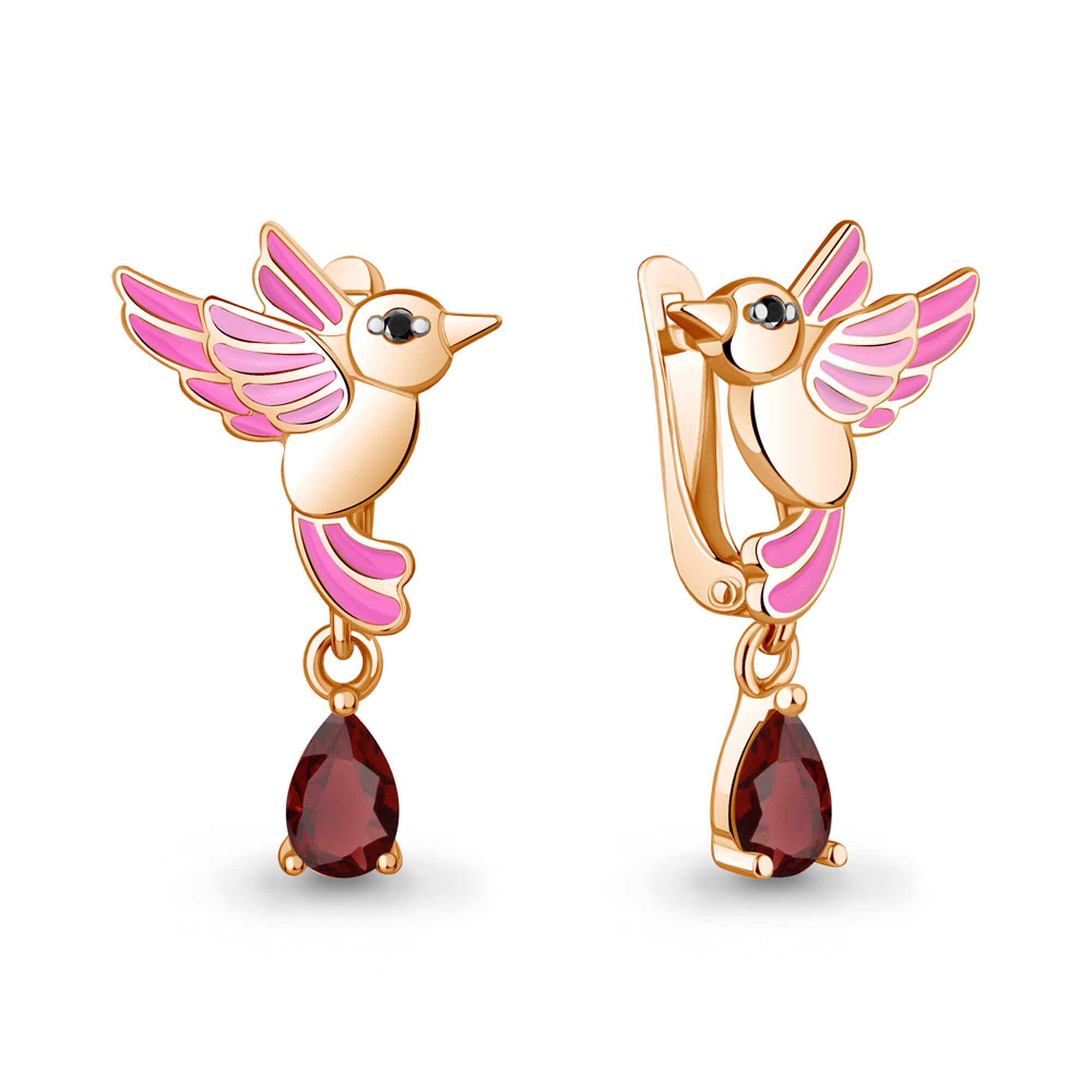 Серьги, серебро, 925 проба, золочение, кристалл, эмаль, гранат