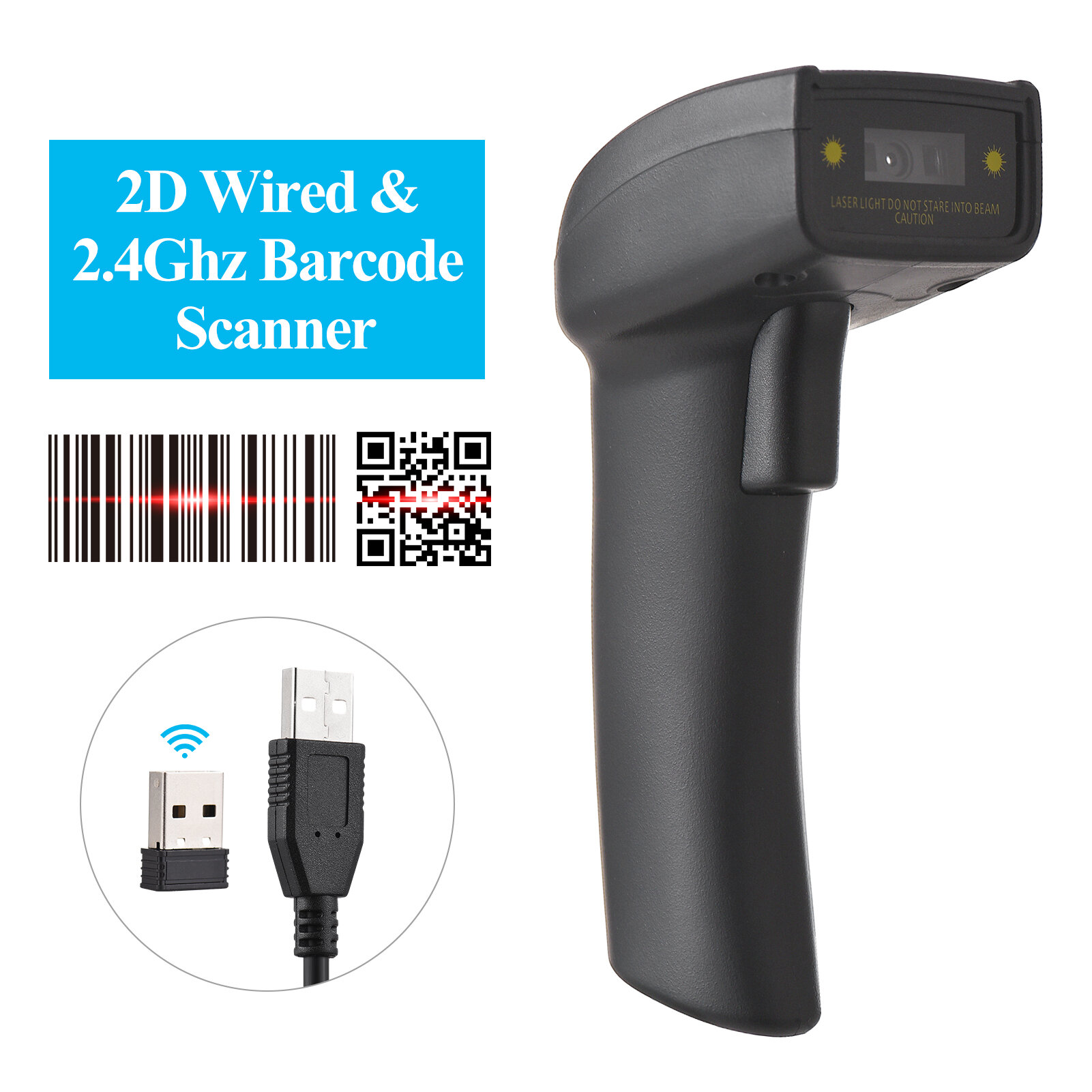 2D Wireless 2.4G Barcode Scanner Handheld USB Wired 1D Bar Code Reader Manual Trigger 640*480 CMOS Scanning Support Paper and Screen Compatible with Windows Android MAC for Supermarket Retail Store Library Logistics Warehouse Customs Systems