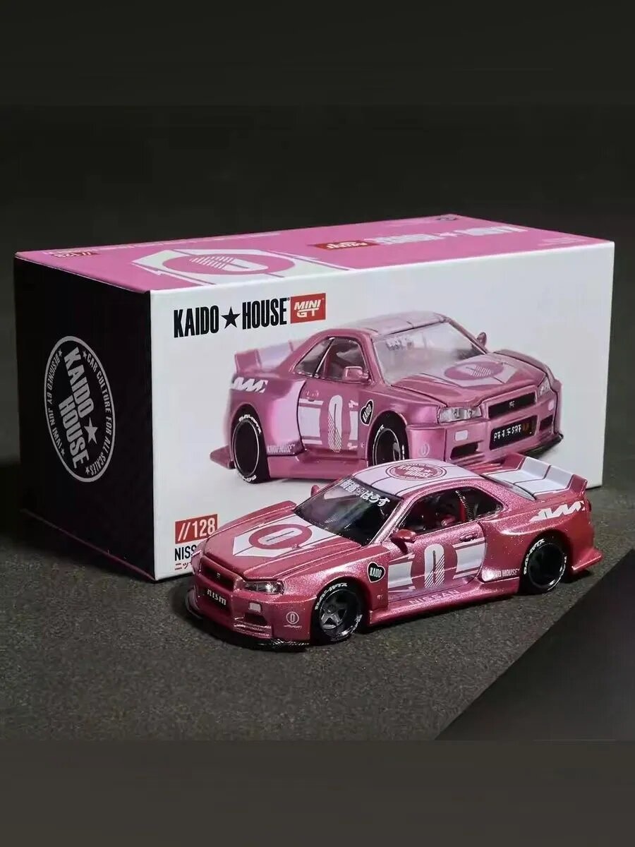 Машинка Kaido House MINIGT 1/64 KHMG128 Nissan Skyline GT-R R34 #0 Kaido RACING Factory V1 Metallic Pink Die-cast Alloy Car Model Collection Display Gift