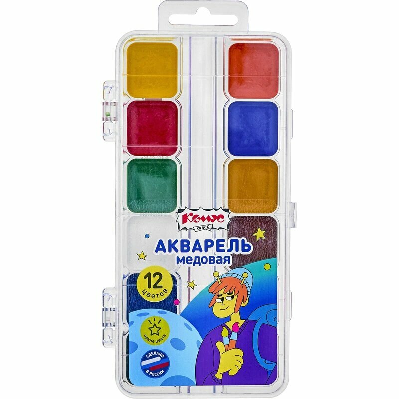 Краски акварельные Комус Класс Максики 12цв/наб, медов, квадр. кюветы, пл. пенал